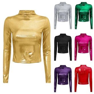 Generic Haut brillant &agrave; manches longues pour femme, haut m&eacute;tallique &agrave; manches longues - T-shirt aspect cuir de couleur unie - T-shirt basique polyvalent pour 