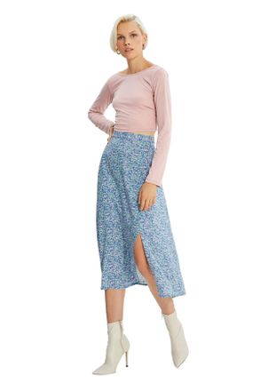 Trendyol Damen Fliesenblumenmuster Tipp Detaillierter Rock Skirt, Blau, 40 EU