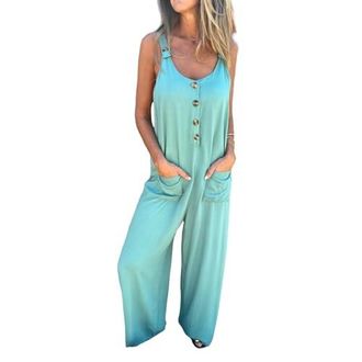 Generic Salopette ample d&eacute;contract&eacute;e en lin pour femme - Sans manches - Avec boutons - Jambe large - Avec poches, bleu ciel, 5XL