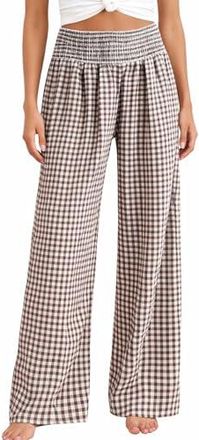 Lazutom Pantalon palazzo l&eacute;ger vichy &agrave; jambe large pour femme - Taille haute smock&eacute;e - &Agrave; enfiler avec poches, marron, X-Small