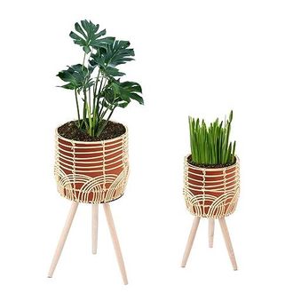 Navaris Support plantes interieur - 2x Porte plante rotin synth&eacute;tique taille S et L pour int&eacute;rieur et ext&eacute;rieur - D&eacute;coration salon bureau balcon