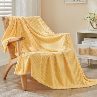 Emme Plaid Couverture Douillette, Plaid Polaire Flanelle, Douce, Chaude, Jeté de Canapé, Couverture Doux, Jaune, 130 x 150cm