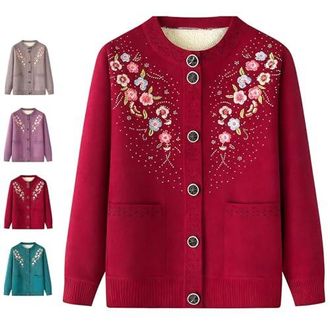 Generic Pull &agrave; revers tricot&eacute; brod&eacute; pour m&egrave;re - Col rond - Manches longues - Boutonn&eacute; - Cardigan en polaire pour personnes &acirc;g&eacute;es, Rouge, 3XL