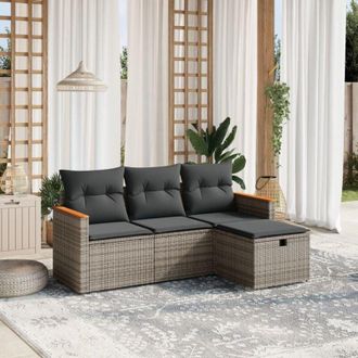 vidaXL 4-tlg. Garten-Sofagarnitur mit Kissen Grau Poly Rattan - Vidaxl