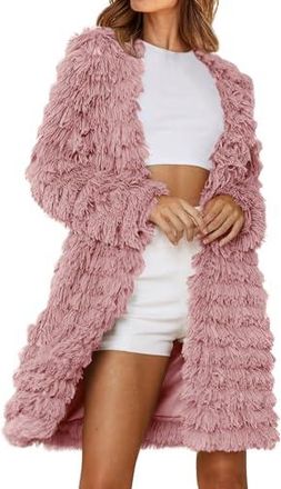 Generico Manteau en fausse fourrure rose | Cardigan ouvert sur le devant pour femme - Vestes dhiver légères en fausse fourrure - Cardigan long élégant en forme