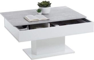 FMD Table basse fixe bicolore avec plateau coulissant - D&eacute;cor gris b&eacute;ton et blanc brillant - L100 x H46,1 x P65 cm - Design contemporain - FMD