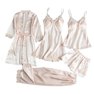 Generic Ensemble de pyjamas pour femmes 5 pi&egrave;ces - Robe en dentelle et satin et ensemble de pyjama - V&ecirc;tements de nuit pour dames - Pyjamas en satin - Robe de