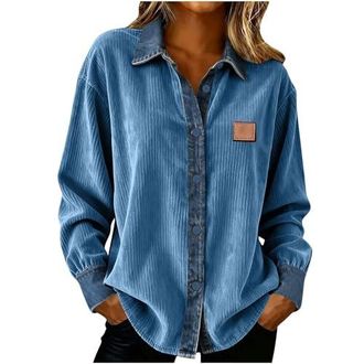 Generic Chemise en Denim Patchwork Femme Confortable Manches Longues Pull-Over Col Rond Couleur Unie Top Haut Streetwear Grandes Tailles Vetement pour Automne