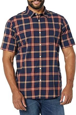 Amazon Essentials Chemise en Popeline à Manches Courtes Coupe Ajustée Homme, Bleu Marine Rouge Écossais, XXL