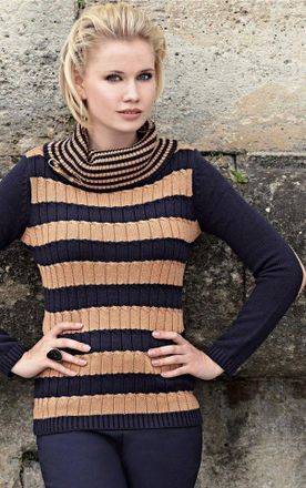 Passioni Rollkragenpullover in Kamel und Schwarz Streifen