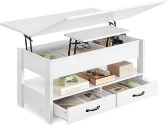 Vasagle Table Basse, Table de Salon Relevable, V&eacute;rin &agrave; Gaz, 2 Tiroirs et 3 Compartiments sous Le Plateau, 1 Compartiment Ouvert, pour Salon, Bureau, Blanc Nei