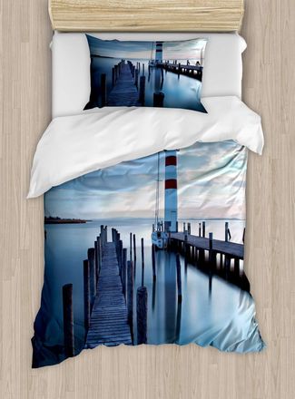 Abakuhaus maritim Bettbezug Set für Einzelbetten, Leuchtturm Meer bei Sonnenaufgang, Milbensicher Allergiker geeignet mit Kissenbezug, 130 x 200 cm - 70 x 50 cm