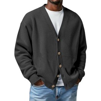 Generic Cardigan textur&eacute; gaufr&eacute; pour homme, manches longues, col en V, ouvert sur le devant, l&eacute;ger et boutonn&eacute;, Noir, 4XL