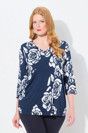 Ulla Popken T-Shirt Slinkyshirt floraler Druck V-Ausschnitt 3/4-Arm