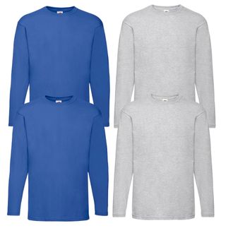 Fruit Of The Loom 4er Herren Longsleeve Baumwolle Tshirt Langarm Shirt Sets Verschiedene Farbsets M L XL 2XL 3XL 4XL 5XL & HLKauf-Block (XXL, 2X Royal, 2X Grau & 1x HLK