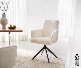 DELIFE Drehstuhl Heira-Flex mit Armlehnen Boucl&eacute; Wei&szlig; Kreuzgestell breit Schwarz 360&deg; drehbar Taschenfederkern, Esszimmerst&uuml;hle