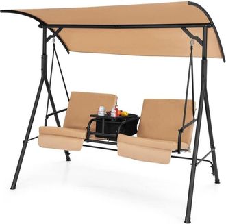 Costway Balancelle dExtérieur à 2 Places, Balançoire de Porche avec Sac Isotherme et Plateau Rotatif, Balancelle de Jardin avec Auvent Réglable et Coussin