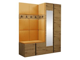 Mirjan24 Garderoben-Set Monati XII, Kleiderschrank mit Spiegel, Schuhschrank, 2X Kleiderhakenbrett, Gepolstertes Paneel/Wandpaneel, 6 Doppelhaken, Flurgarderob