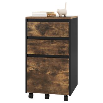Woltu mobiler Aktenschrank, Schrank f&uuml;r Aktenordner, Aufbewahrungsschrank im B&uuml;ro, B&uuml;roschrank mit Rollen, Rollcontainer mit 3 Schubladen, Dunkle Eiche Schw