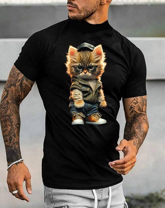 rmk T-Shirt Herren Basic Rundhals mit Gangster süße Katze Cat aus Baumwolle