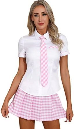dPois Femme Uniforme Scolaire Japonaise Costume décolière Cosplay 3Pcs Ensemble Haut Chemisier+ Jupe Plisée +Cravate Costume Halloween Carnaval Fête S-4XL Q