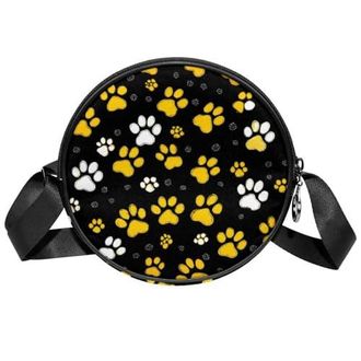 Generic Petit sac &agrave; bandouli&egrave;re rond pour femme, motif pattes de chien, sac &agrave; dos avec fermeture &eacute;clair, bretelles r&eacute;glables, sac &agrave; main rond d&eacute;contract&eacute; pour