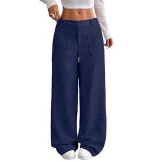 Generic Pantalon ample en velours c&ocirc;tel&eacute; de couleur unie avec 4 poches, pantalon ample en velours c&ocirc;tel&eacute; pour femme, bleu marine, XS