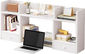 Generic Schreibtischregal Organizer aus Holz, 2 Tier Schreibtischregal Tischregal mit Zwei Schubladen, Desk Shelf Holz for Home Office Dorm(White,100X16X52)