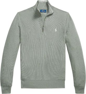 Ralph Lauren Homme, Pulls, Vert, Taille: XL Pull en maille piquée de coton avec fermeture éclair au quart