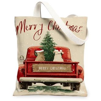 Generic Sacs fourre-tout vintage en toile motif sapin de No&euml;l, sacs d&eacute;picerie r&eacute;utilisables, festifs, l&eacute;gers et lavables, Rouge, 13x15 Inch