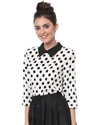 Allegra K Hauts Chemisier Col Contrast&eacute; Manches 3/4 Femme Blanc XL