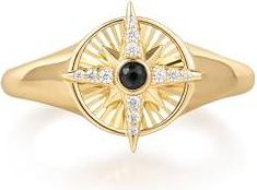 Ania Haie Sunshine Chaser Star Signet Bague pour Femme en Argent Sterling 925 plaqué Or 14 carats, 1 Agate Noire et 12 zircons, Taille EUR : 56, avec Emballage 