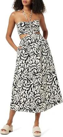 The Drop Robe Longue Brinda en Coton avec Dos Nu et Découpes, Noir/imprimé Feuilles Rose Clair, 3XL Grande Taille