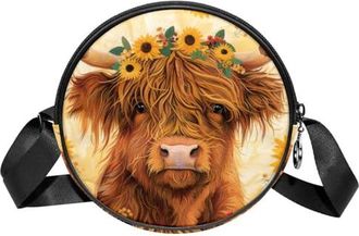 Generic Sac &agrave; bandouli&egrave;re rond pour femme, motif vache et tournesols avec fermeture &eacute;clair et bretelles r&eacute;glables