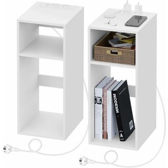 Woltu 2 pi&egrave;ces Table de Chevet 25x30x60cm, Table dappoint avec Station de Charge, Bout de Canap&eacute; avec Prise, 2 Compartiments Ouverts, 2 Ports USB+2