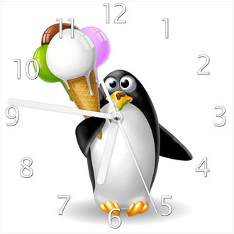 Wallario Design-Wanduhr Süßer EIS Pinguin aus Glas, Motiv-Uhr Größe 20 x 20 cm, weiße Zeiger