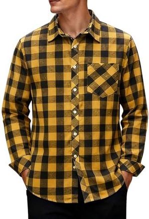Generic Chemise &agrave; carreaux pour homme - Haut boutonn&eacute; avec poche - Manches longues - Col &agrave; revers d&eacute;contract&eacute; - Coupe ample - R&eacute;tro - Costume extensible pour 