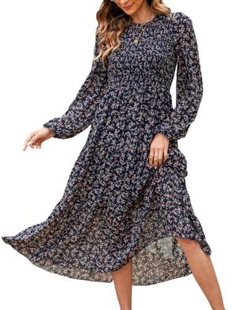 Cupshe Robe en mousseline de soie &agrave; col rond &agrave; manches longues et taille smock&eacute;e tiss&eacute;e &agrave; volants - Robe longue d&eacute;contract&eacute;e &agrave; imprim&eacute; floral, Bleu marine., 