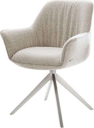 DELIFE Esszimmerstuhl Keila-Flex mit Armlehnen Kreuzgestell breit Edelstahl Webstoff Soft Beige 360&deg; drehbar Wippfunktion