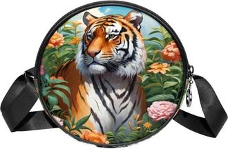 Generic Petit sac &agrave; bandouli&egrave;re rond pour femme, motif fleur de tigre, sac &agrave; dos avec fermeture &eacute;clair, bretelles r&eacute;glables, sac &agrave; main rond d&eacute;contract&eacute; pour 