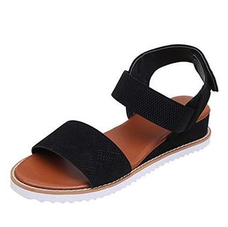 Generic Sandales compens&eacute;es d&eacute;contract&eacute;es en cuir - Sandales plates en maille respirante - Couleur unie - Sandales &agrave; bride arri&egrave;re - Chaussures de marche conf