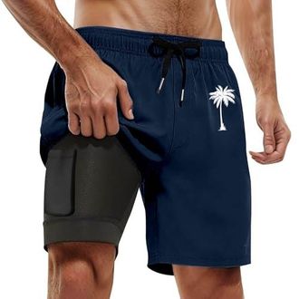 Generic Maillot de bain pour homme - Short d&eacute;t&eacute; tendance - Imprim&eacute; noix de coco - Double couche int&eacute;rieure - Pantalon de plage avec poche, Marine, 4XL
