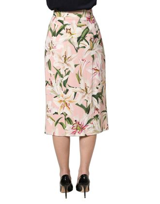 Dolce & Gabbana Lilium Print High-Waist Silk Skirt - Pink