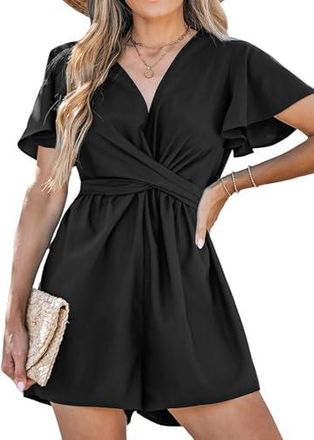 Cupshe Grenouill&egrave;re d&eacute;t&eacute; pour femme avec col en V plongeant et manches courtes flottantes, combinaison nou&eacute;e, jambes larges, tenue d&eacute;contract&eacute;e, Noir, M