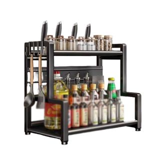 Generic Doppelschichtiges Gewürzregal for die Arbeitsplatte, vertikales Küchenregal aus Kohlenstoffstahl mit abnehmbaren Haken, geeignet for Schrankarbeitspla