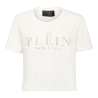 Philipp Plein Femme, Tops, Beige, Taille: 36 FR T-shirt Col Rond MC Crop Iconic Plein