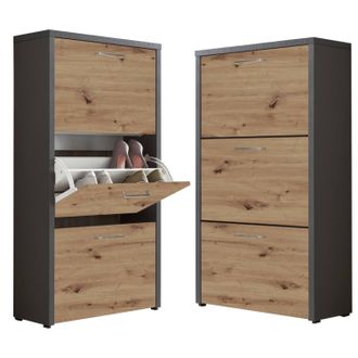 BMG M&ouml;bel Schuhkipper &raquo;Siena&laquo; (Schuhschrank Schuhregal Schrank Garderobe, 3 Klappen), Metallgriffe, 18 Paar Schuhe (Anthrazit/Artisan Eiche)