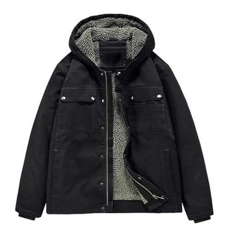 Generic Veste cargo en polaire à capuche avec fermeture éclair pour homme - Manteau dhiver avec plusieurs poches, Noir, XXL