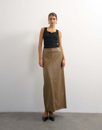Topshop jupe longue coupe colonne en cuir effet autruche avec surpiq&ucirc;res, camel-Neutre
