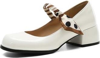 Generic Mary Janes Femme À Pois avec Ruban Dessus en Cuir PU Bout Carré Talons Bas Épais Bride Cheville À Enfiler Chaussures Habillées Décontractées,Beige,38.
